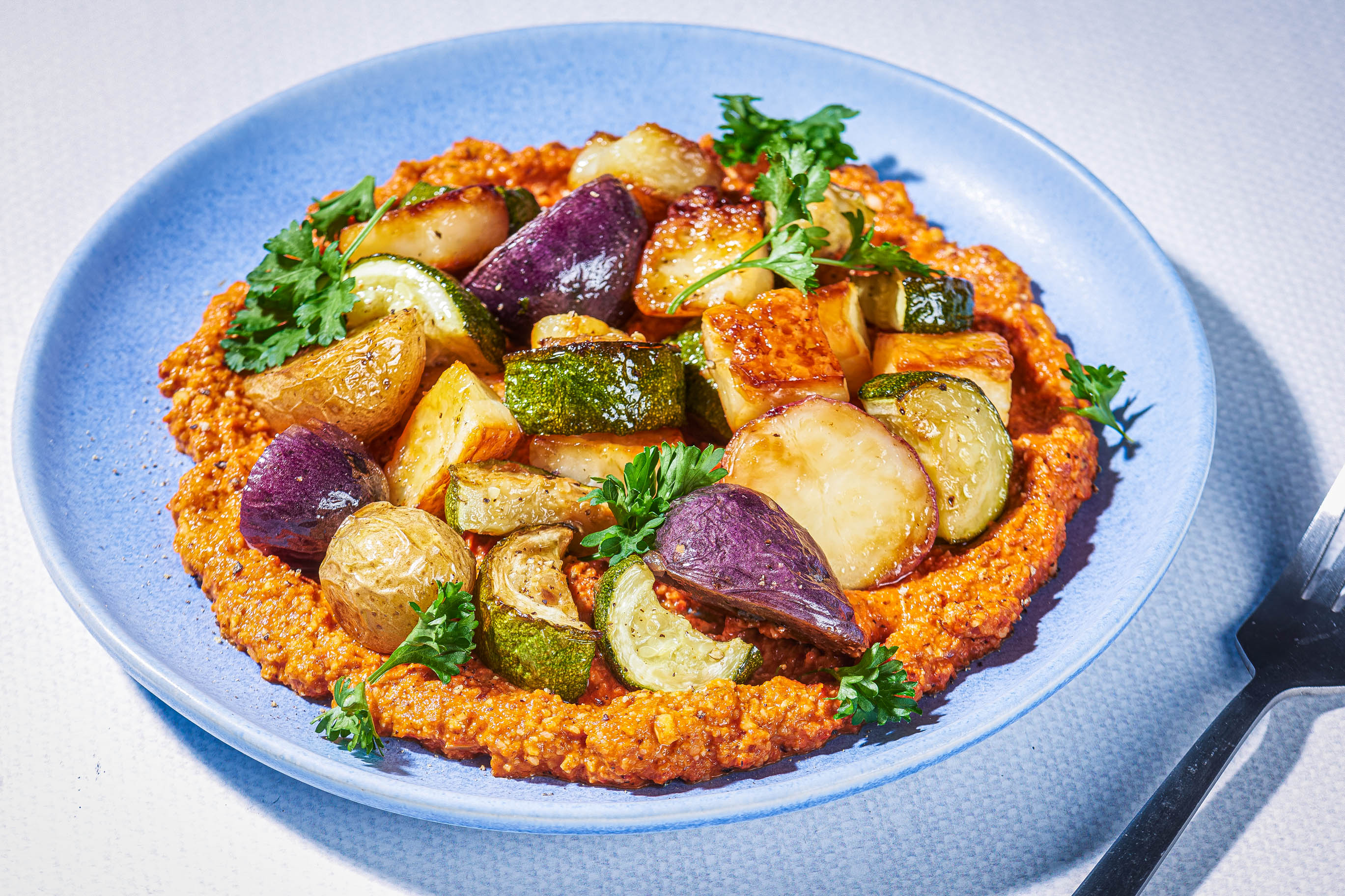 Roasted Halloumi, Zucchini and Potatoes With Red Pepper Sauce Recipe ...